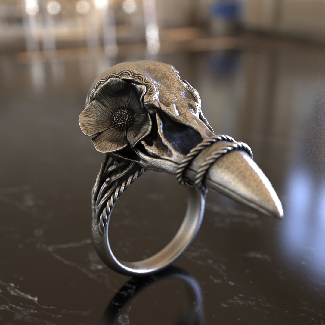 Bird Skull & Flower Ring - 925 Sterling Silver Nature Meets Gothic ...