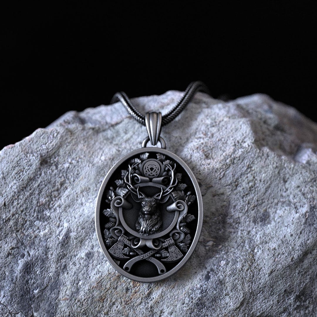 Handcrafted Silver Deer Crest Pendant Necklace, Stag Head Design ...