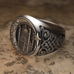 Allah Signet Ring - 925 Sterling Silver, Islamic Mosque Dome & Minarets ...