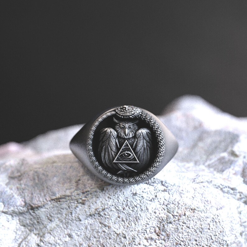 925 Silver Signet Ouroboros Snake, Owl, Masonic Eye of Providence ...