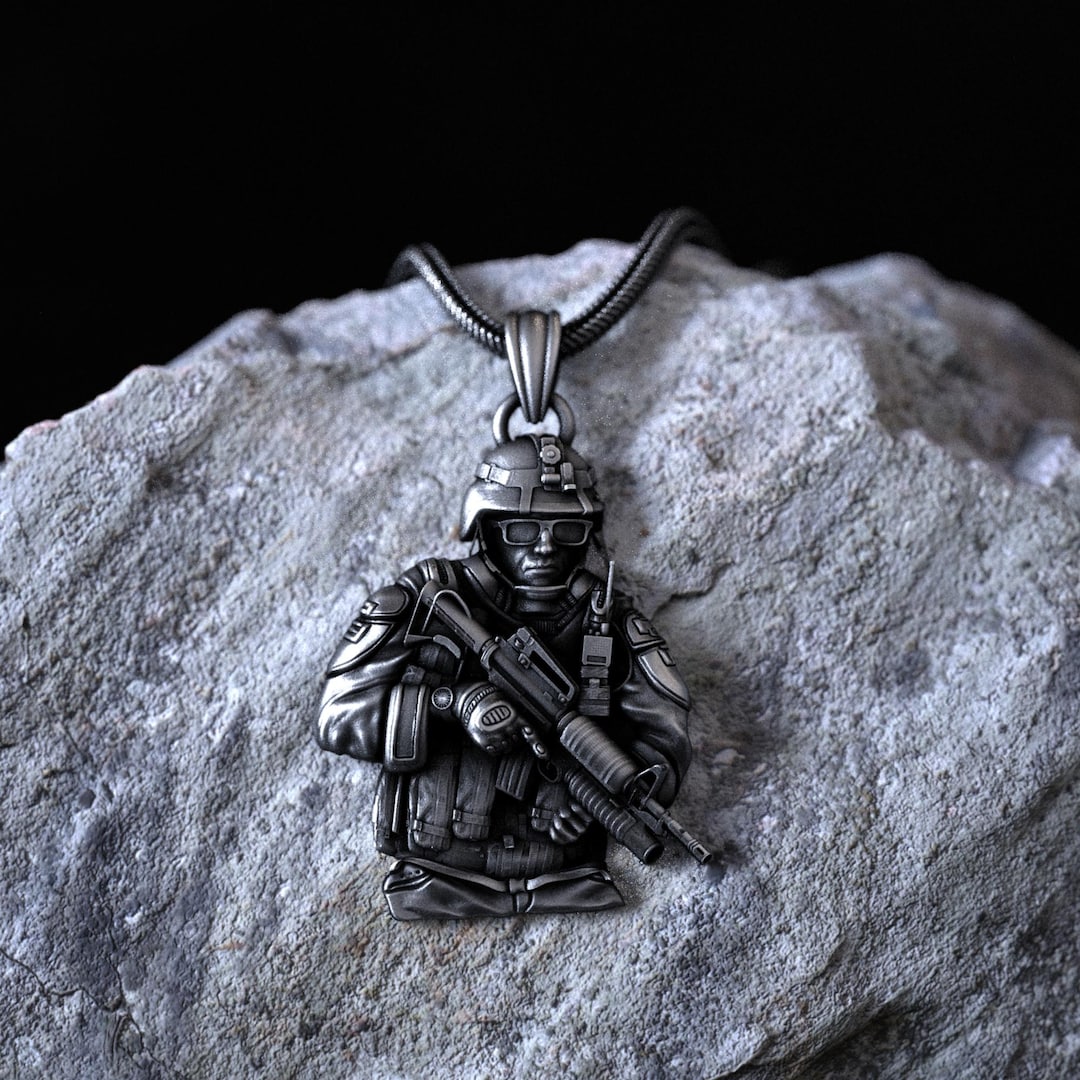 Sterling Silver Military Soldier Necklace With Detailed Tactical Gear ...