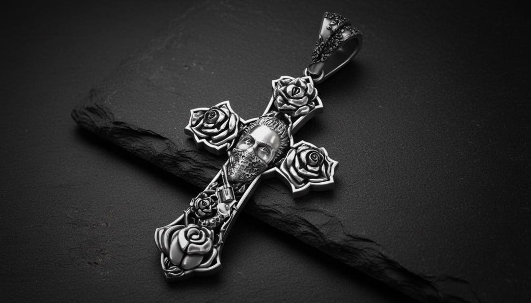 Chicano Cross Pendant 925 Sterling Silver Skull Rose Cross Necklace ...