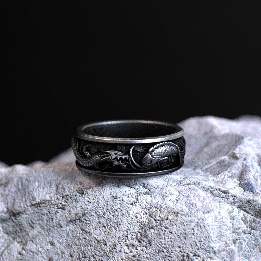925 Sterling Silver Ring - Dragon VS Koi Carp Duel, Japanese ...