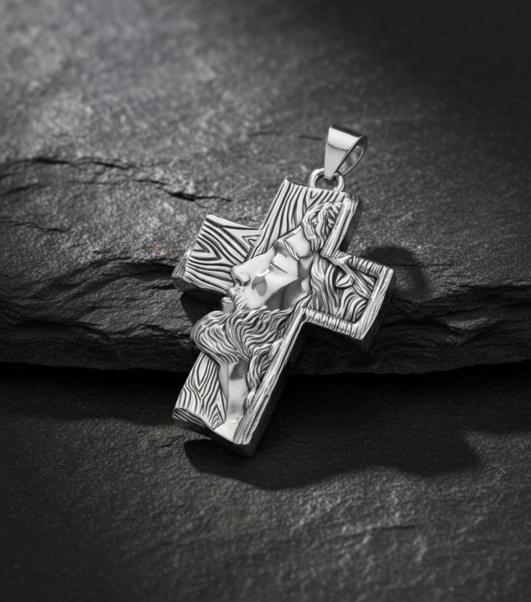 Jesus Cross Pendant, Polished Silver Crucifix Necklace, Christ Profile ...