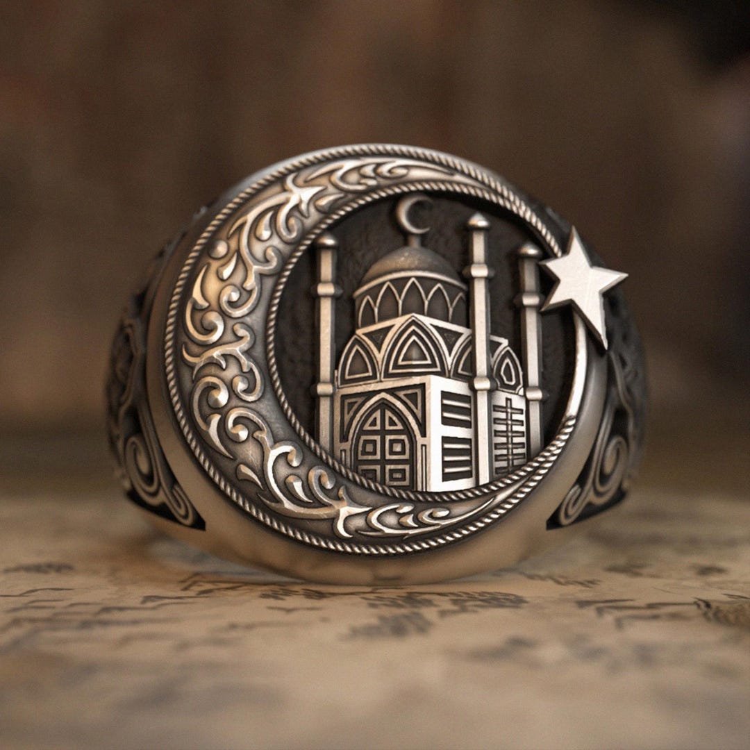 Allah Signet Ring - 925 Sterling Silver, Islamic Mosque Dome & Minarets ...