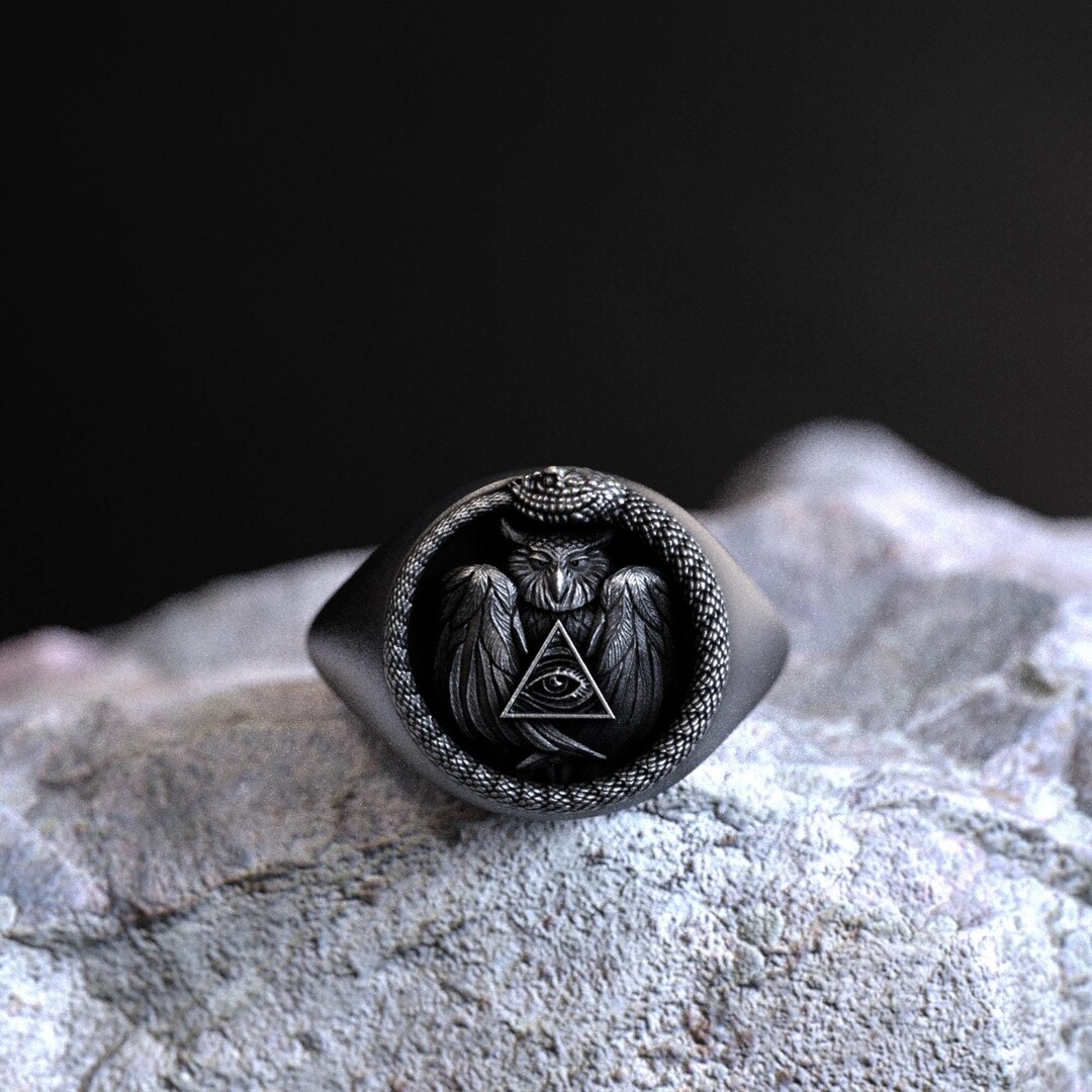 925 Silver Signet Ouroboros Snake, Owl, Masonic Eye of Providence ...