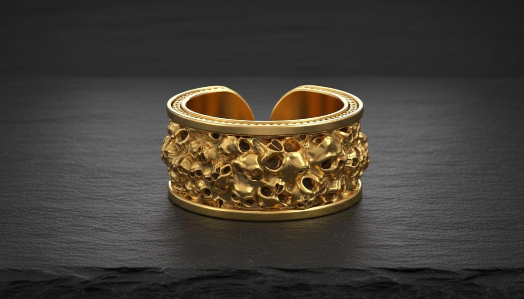 Skull Band Ring 925 Sterling Silver 14K Gold Vermeil Adjustable Gothic Memento Mori Biker ...