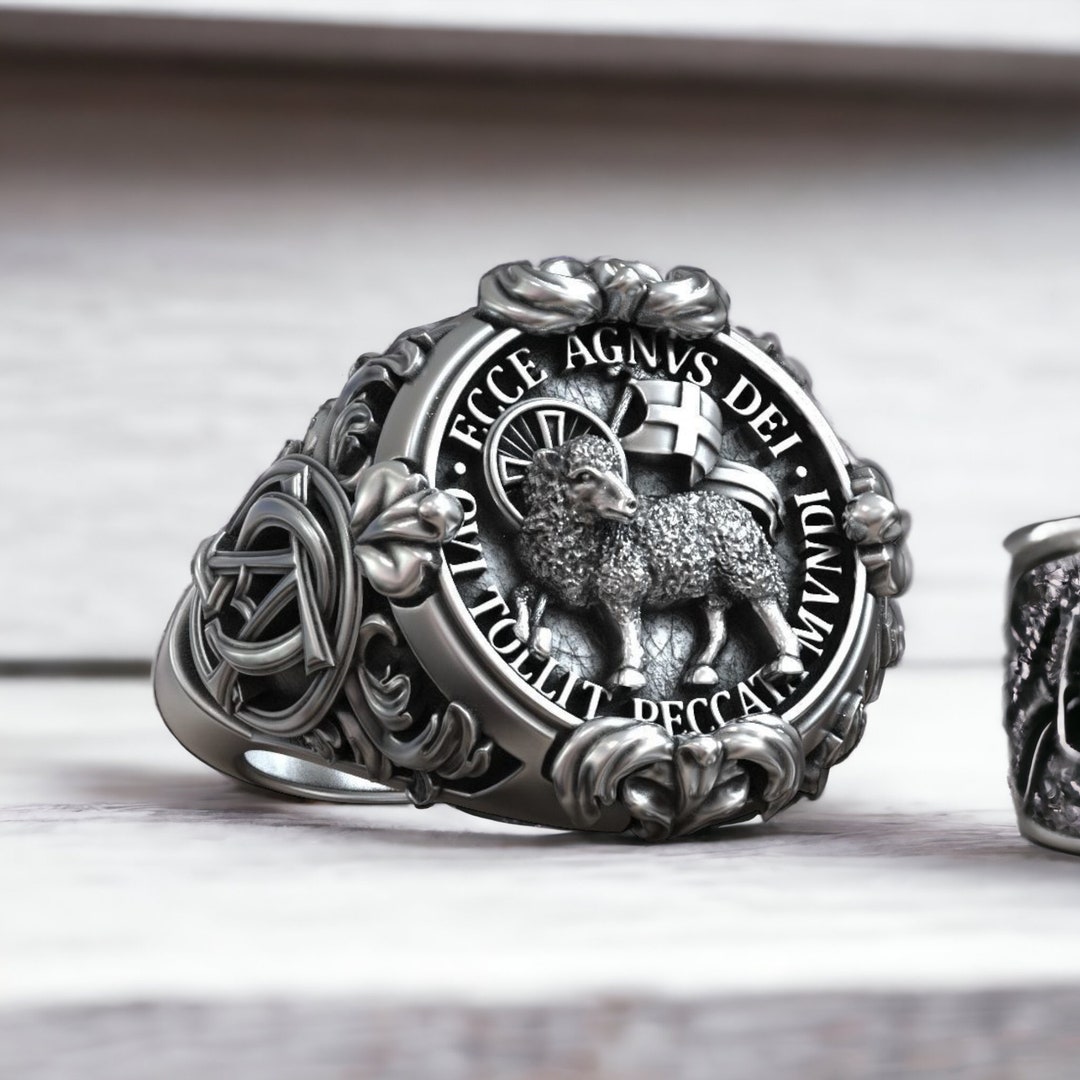 Lamb of God Agnus Dei Signet 925 Sterling Silver Christian Jesus Christ Ring Symbol of Sacrifice ...