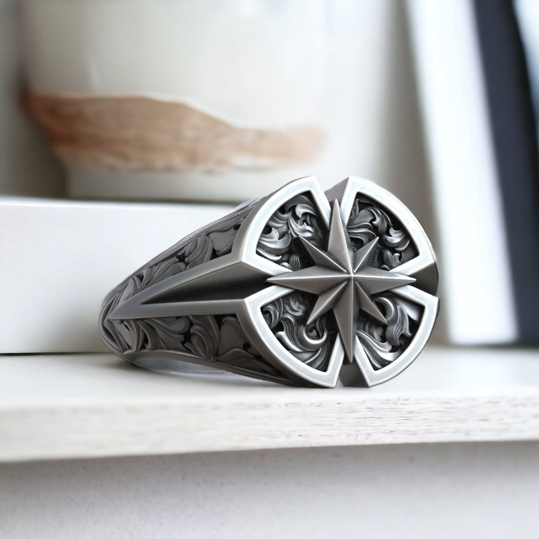 925 Sterling Silver Windrose Ring North Star Compass Traveler Signet ...