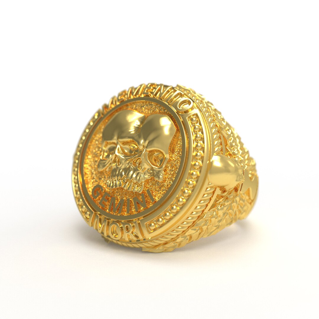 Gemini Signet Memento Mori Men's Zodiac Gold Ring - Unique Astrological ...
