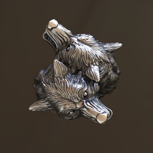 925 Sterling Silver Double Wolf Head Ring Handcrafted, Unisex, Symbol ...