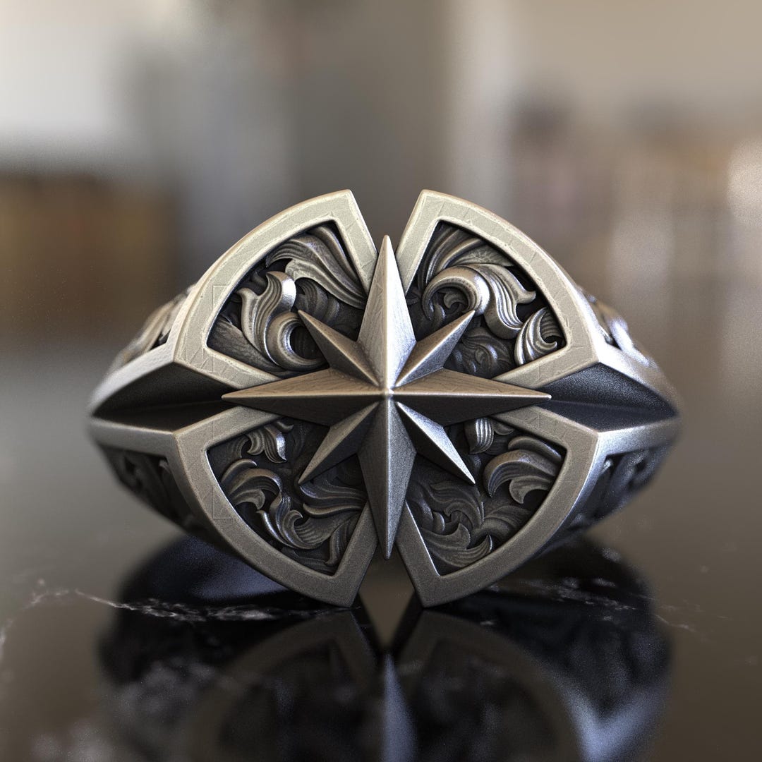 925 Sterling Silver Windrose Ring – North Star Compass Traveler Signet ...