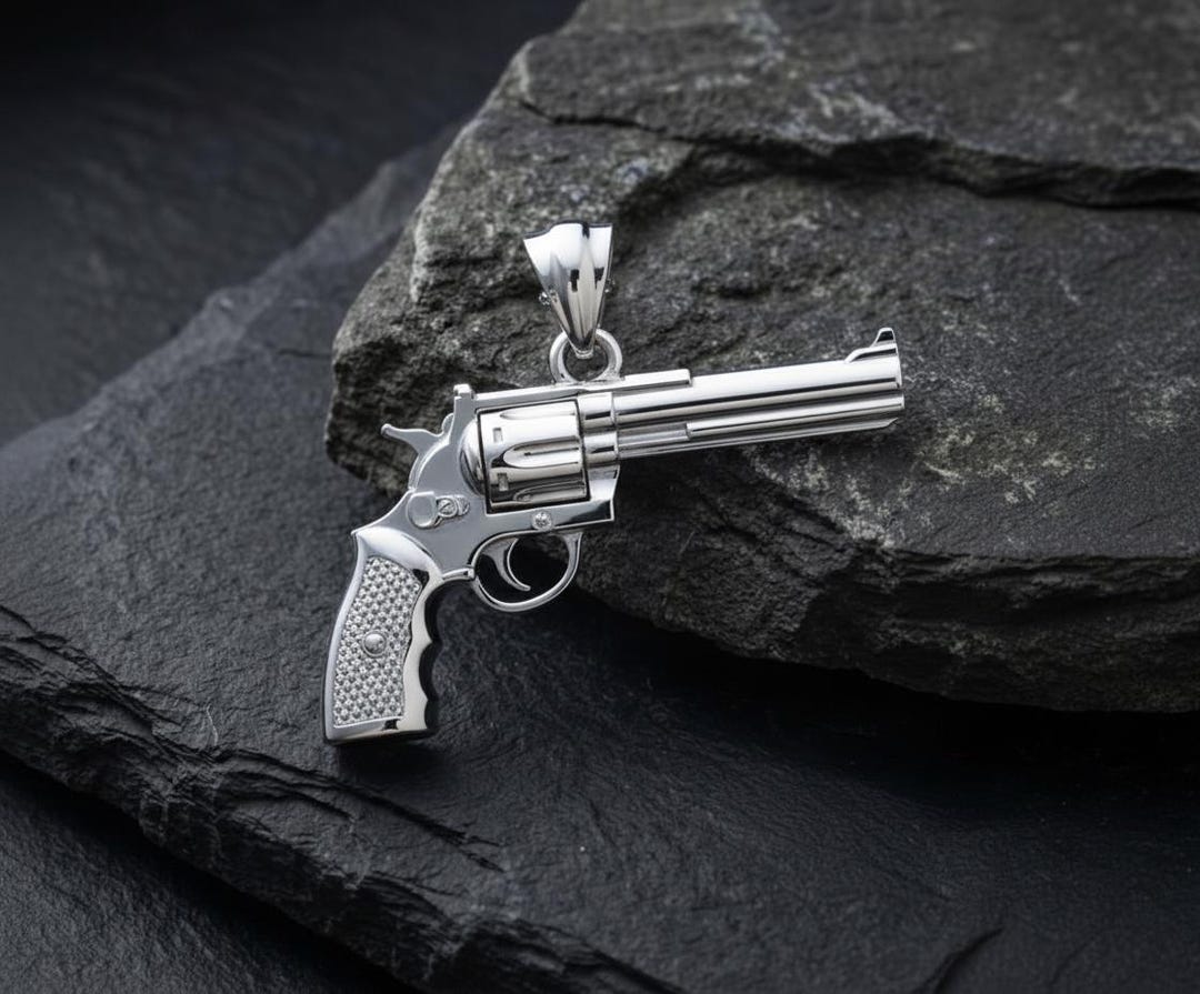 925 Sterling Silver Revolver Pendant Polished Finish Gun Necklace ...