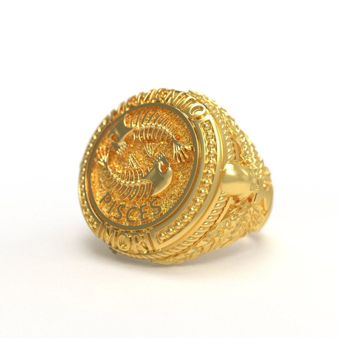 Pisces Signet Memento Mori Men's Zodiac Gold Ring - Elegant Design for ...
