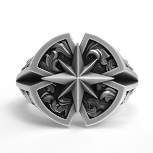 925 Sterling Silver Windrose Ring – North Star Compass Traveler Signet ...