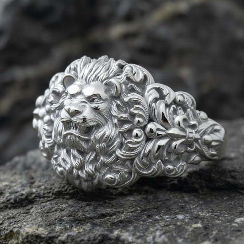 Lion Head Baroque Ring 925 Sterling Silver Oxidized Finish Royal Fleur ...