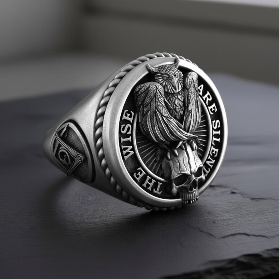 925 Silver Signet - Owl Skull Design, Masonic Square & Compass Fusion ...