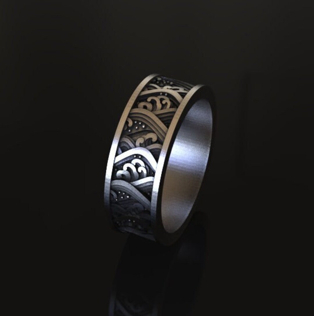 Elegant Japan Waves Ring, Men Wedding Band, Sterling Silver Statement ...