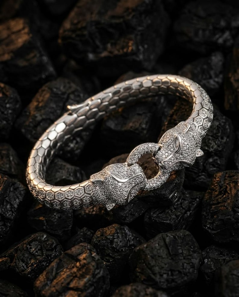 Python Scale and Panther Head Bracelet 925 Sterling Silver Gold Plated ...