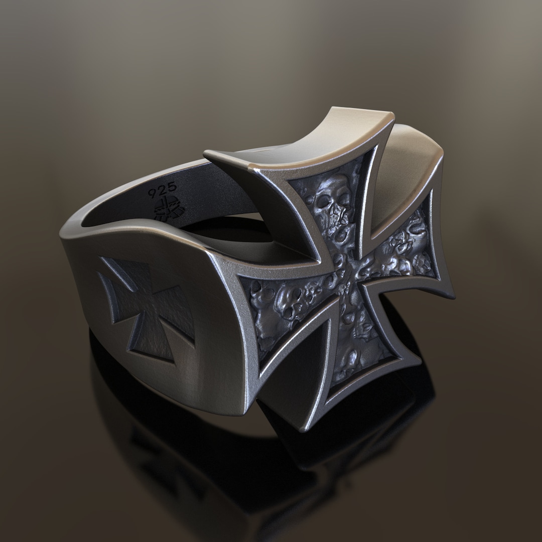 Maltese Cross Skull Ring, 925 Silver, Heraldic Symbol, Knights ...