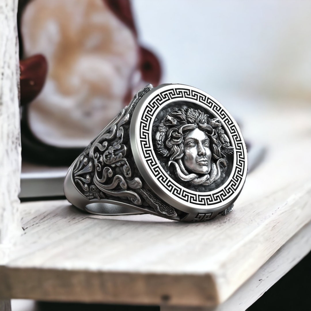 925 Sterling Silver Medusa Signet Gorgona Snake Head & Antique Greek ...