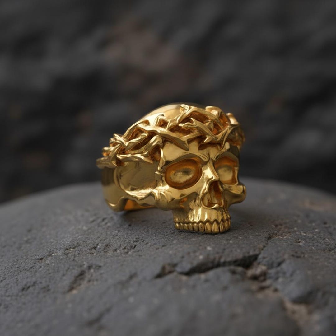 Crown of Thorns Skull Ring Gold Vermeil, Luxury Gothic Skull Ring Men ...