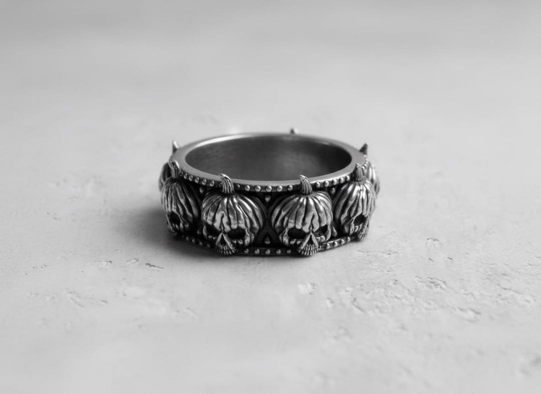 Jack O Lantern Ring: Oxidized Sterling Silver Skull Pumpkin Band ...