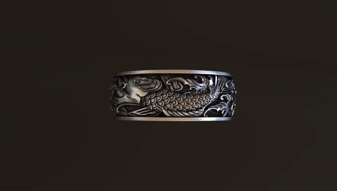 Carp and Waves With One Koi Fish 925 Silver Nature Ring, Sterling ...