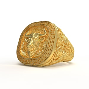 Gold Bull Ring With Greek Ornament - Handcrafted Symbol of Strength ...