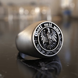 925 Sterling Silver Ring Gott Mit Uns Ring German Coat of Arms Signet ...