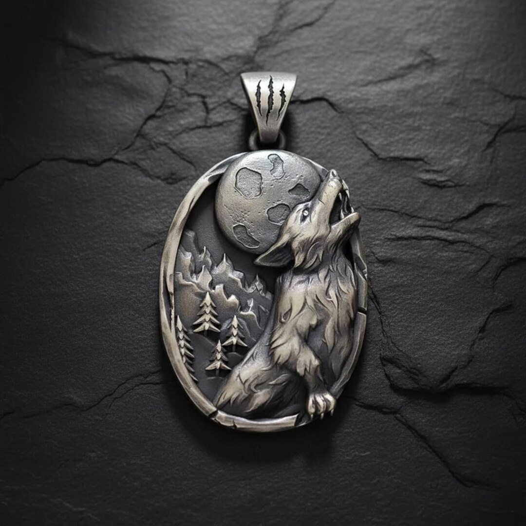 Howling Wolf Pendant Sterling Silver | Wolf Moon Necklace With Forest ...