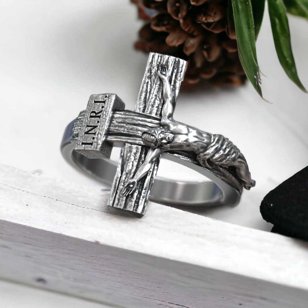 925 Sterling Silver Ring, Jesus Christ Crucifix Cross, Christian ...