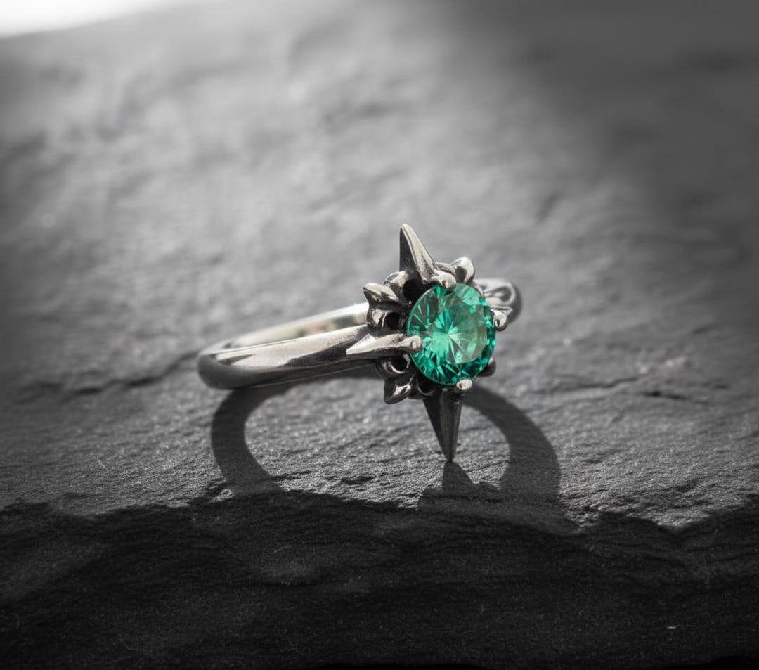 Starburst Solitaire Ring | Emerald Green Stone 925 Silver | Celestial ...