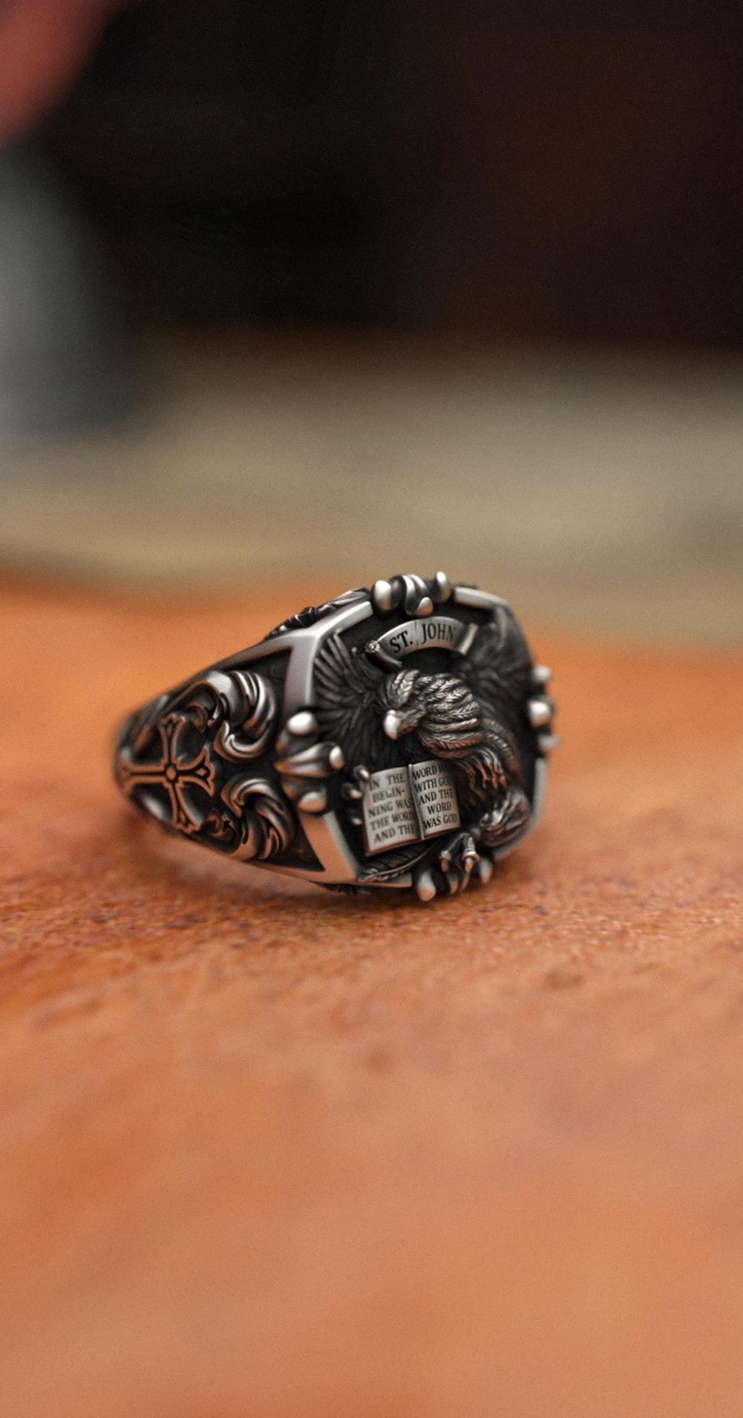 925 Sterling Silver Saint John Ring – Eagle Evangelist Cross Signet ...