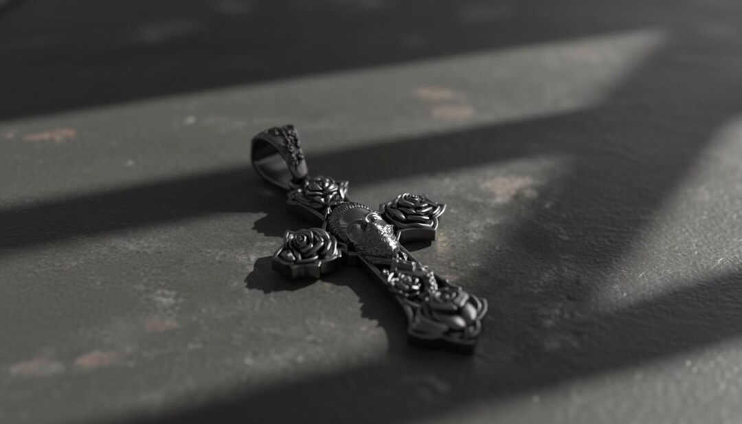 Chicano Cross Pendant Black Rhodium Plated 925 Silver Skull Rose Cross ...