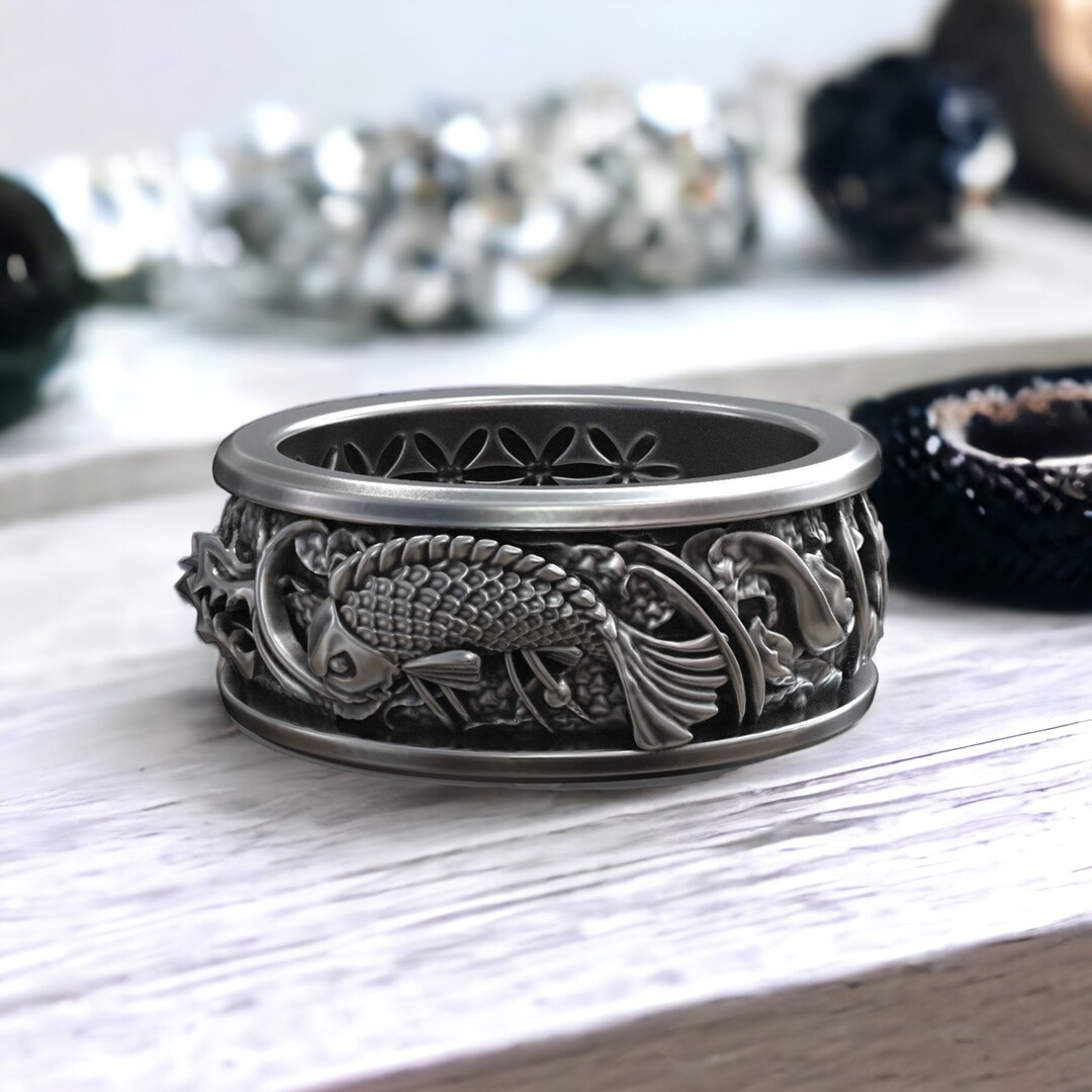 925 Sterling Silver Ring Dragon VS Koi Carp Duel, Japanese Traditional ...