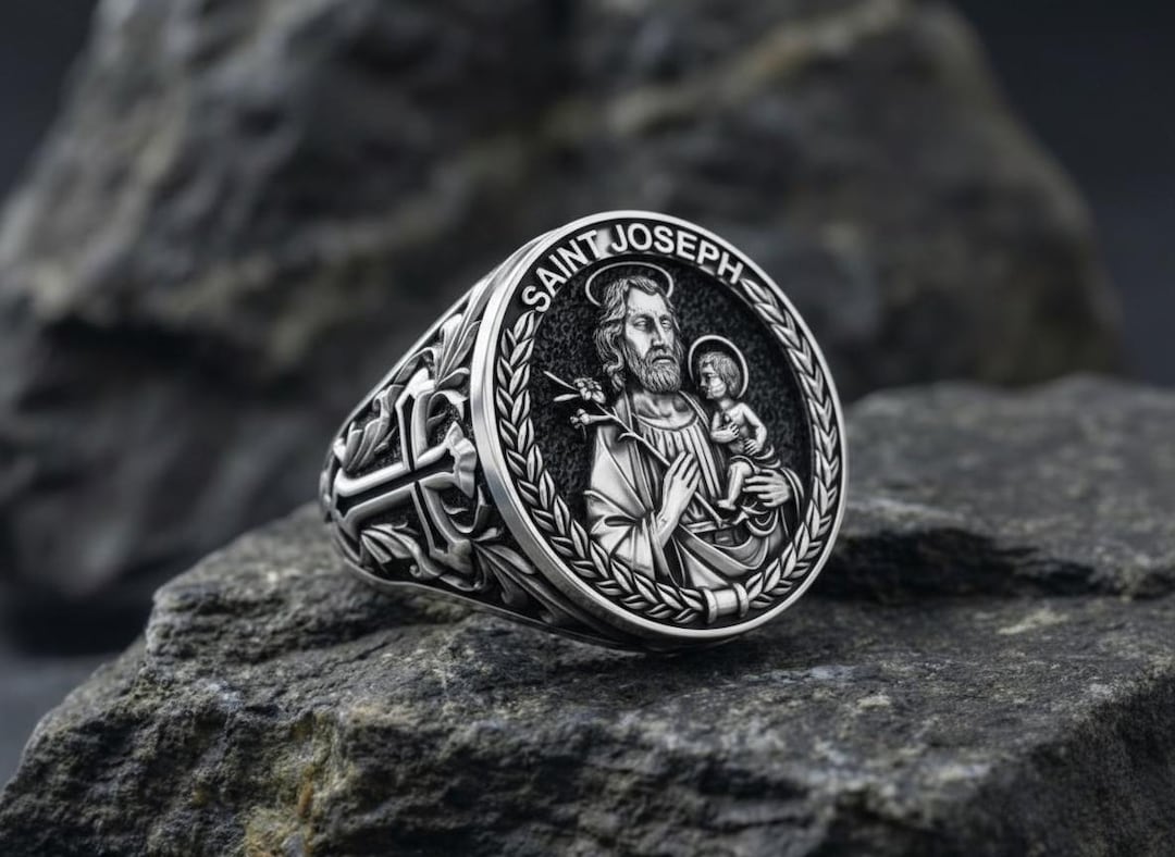 Saint Joseph Signet Ring 925 Sterling Silver Oxidized Finish Religious ...