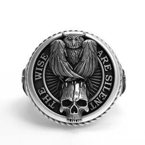 925 Silver Signet Owl Skull Design, Masonic Square & Compass Fusion ...