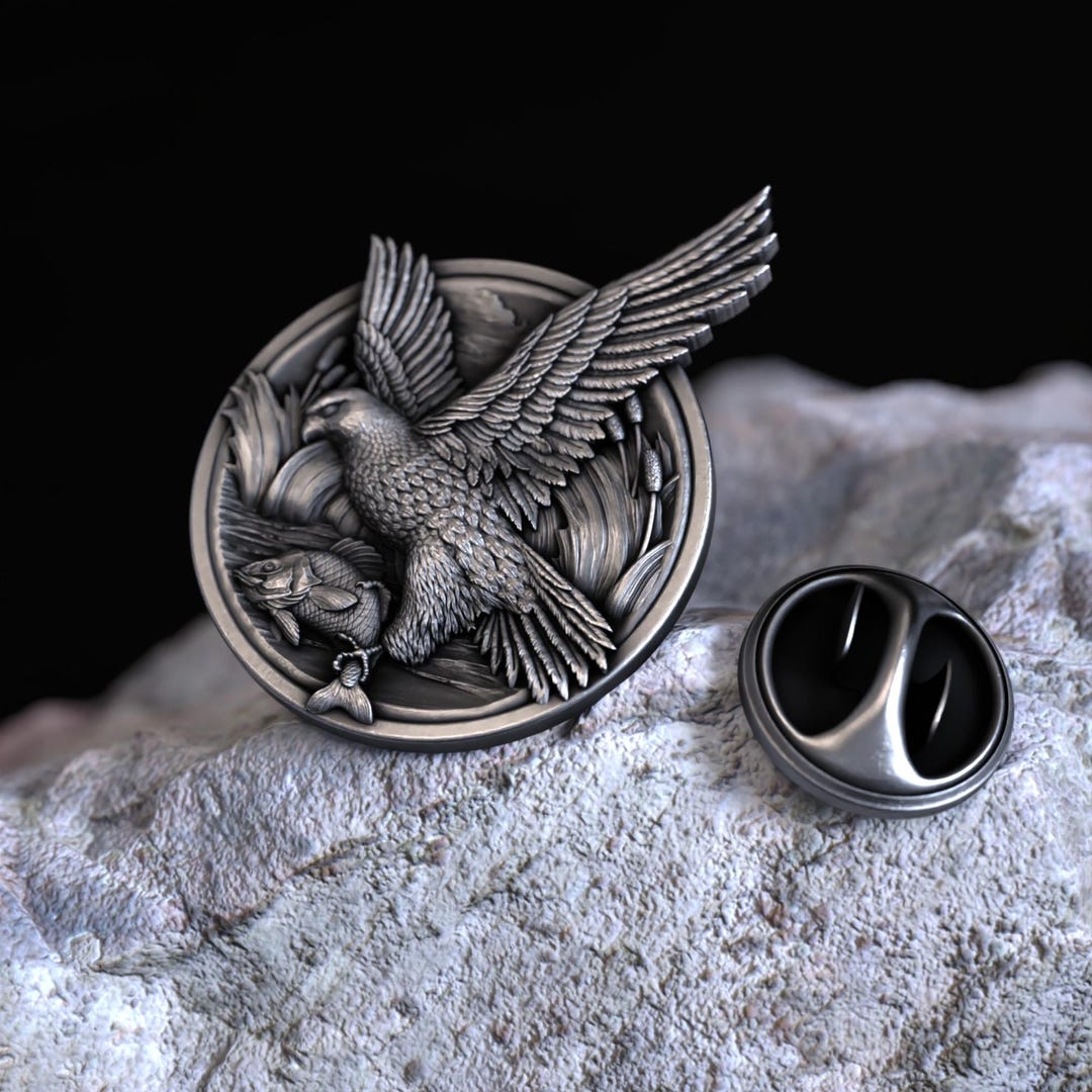 Majestic Falcon and Fish 925 Sterling Silver Lapel Pin, Detailed ...