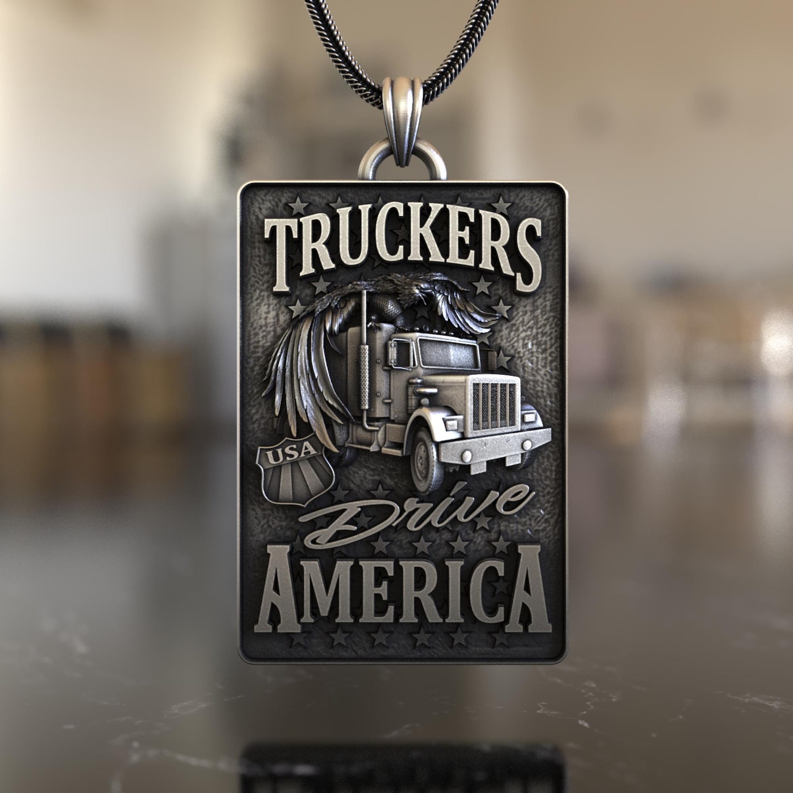 Patriotic Trucker Necklace Drive America 925 Sterling Silver Pendant ...