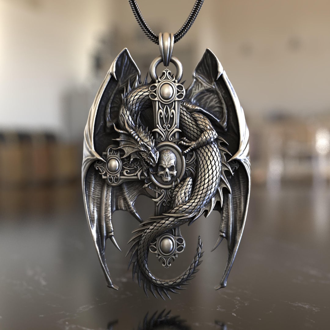 Dragon Crull on Cross Wings 925 Sterling Silver Necklace - Mythical ...