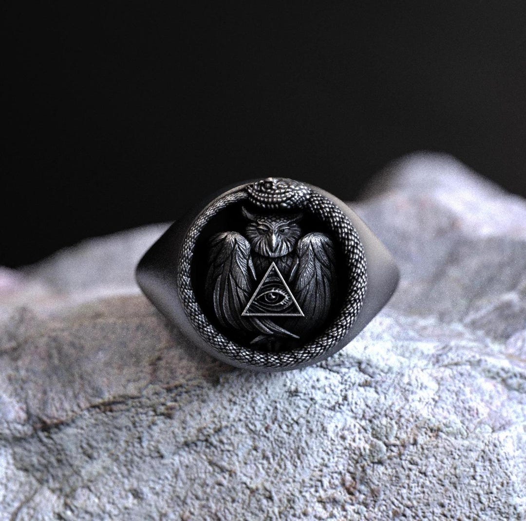 925 Silver Signet Ouroboros Snake, Owl, Masonic Eye of Providence ...