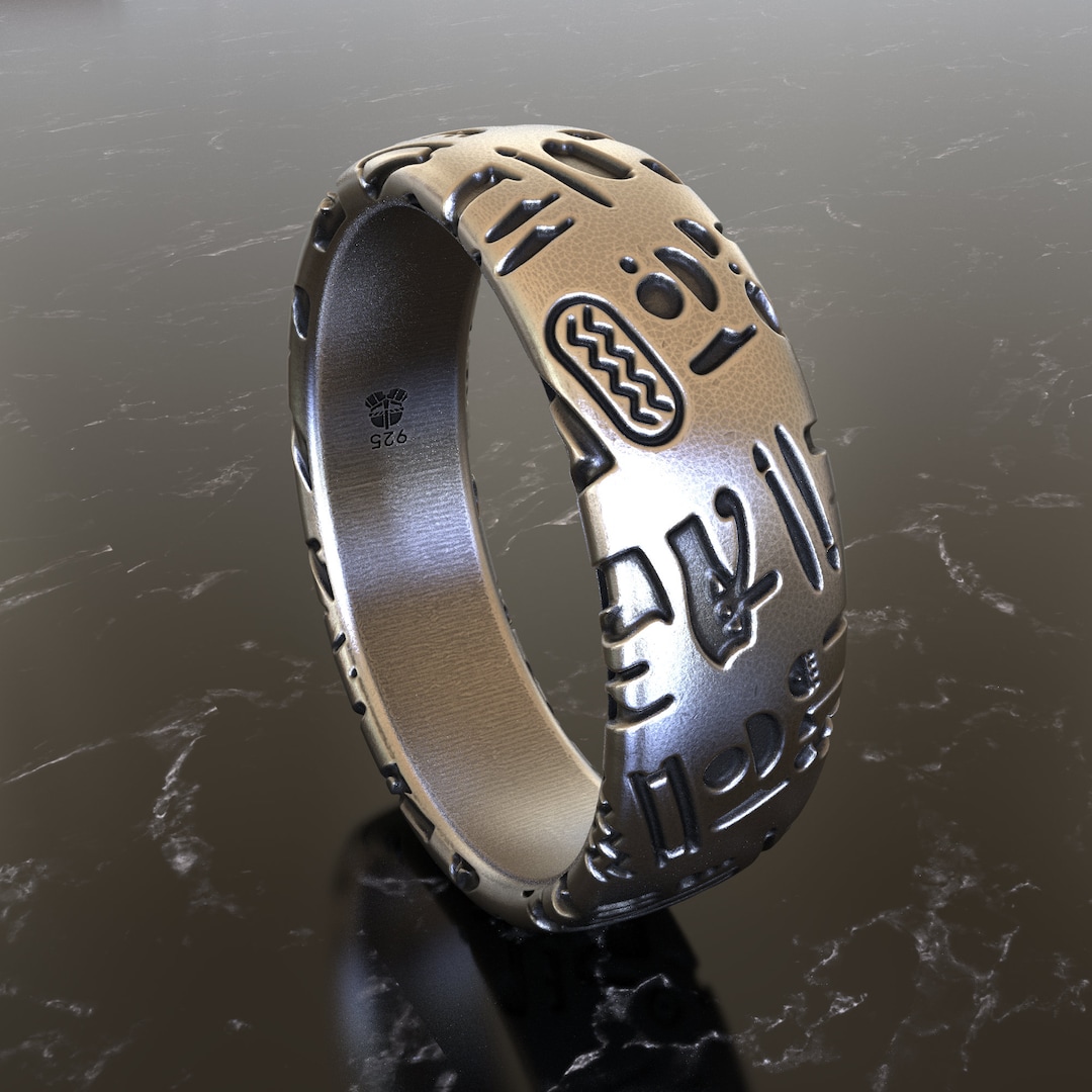 Ancient Egyptian Symbols Amulet Wedding Ring 925 Sterling Silver ...