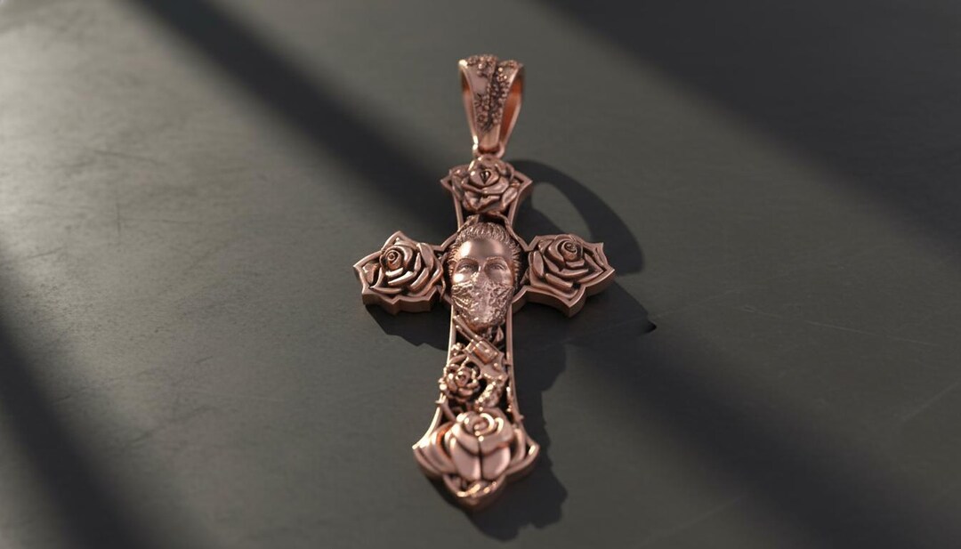 Chicano Cross Pendant Rose Gold Plated 925 Silver Skull Rose Cross ...