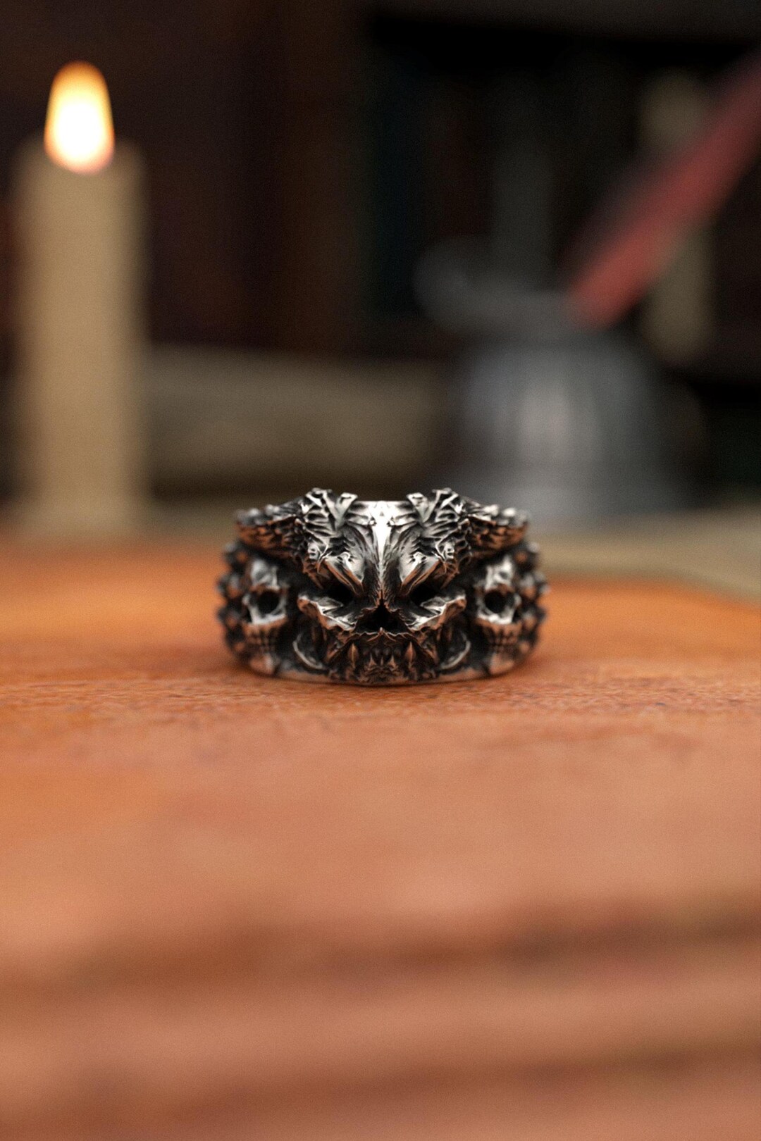 Demon Skull Ring 925 Sterling Silver Gothic Design Handmade Artisan ...