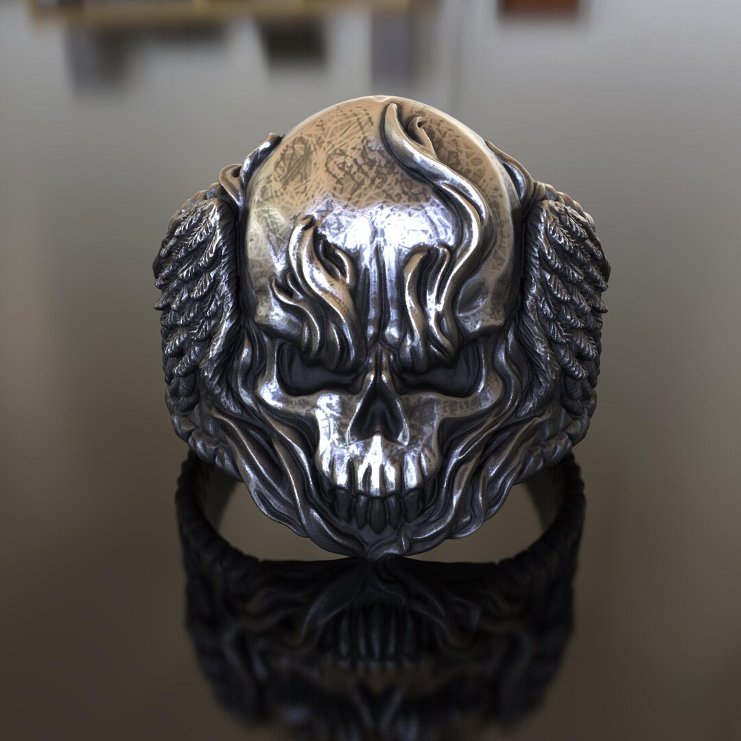 Winged Fire Skull Ring, 925 Sterling Silver, Gothic Biker Jewelry ...
