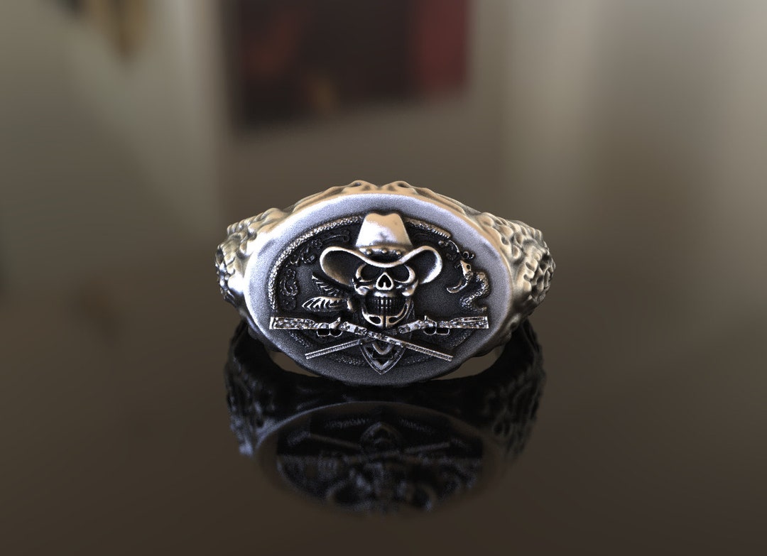 Cowboy Skull Ring, Handmade Gothic Ring, Skeleton Silver Band, Men ...