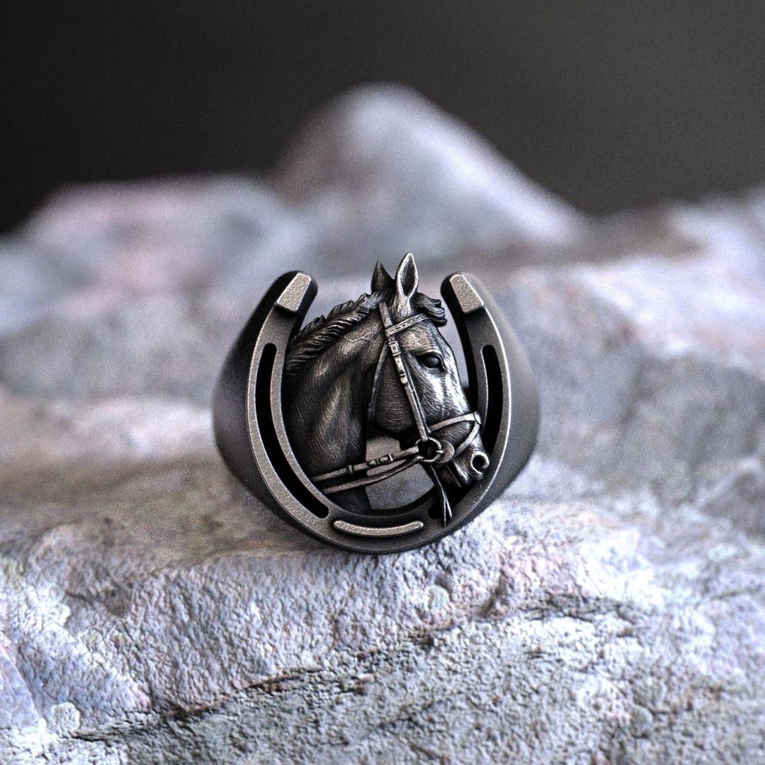 Horse Head Ring With Horseshoe 925 Sterling Silver Equestrian Jewelry ...