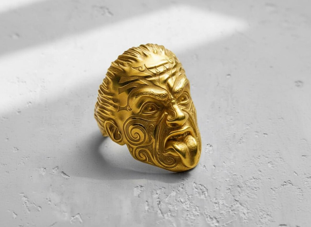 Maori Warrior Ring 925 Sterling Silver Gold Vermeil Haka Mask Tribal ...