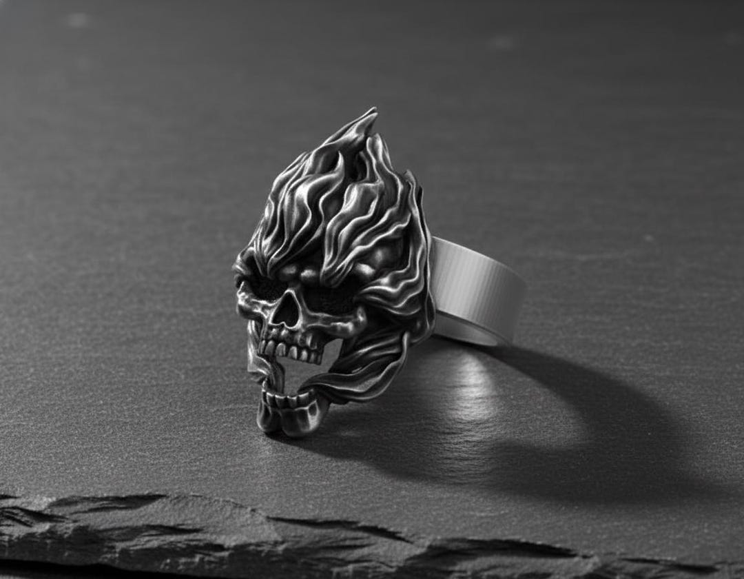 Flaming Skull Ring Gothic Jewelry Statement Band, Oxidized Silver ...